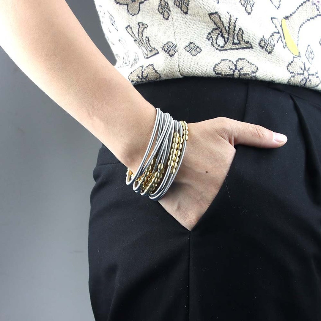 Thick Guitar Silver String Bracelet With Coiled Beads,beaded Spring ...