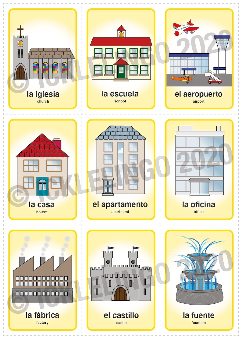 SPANISH Flash Cards, Around Town, Instant Download - Etsy