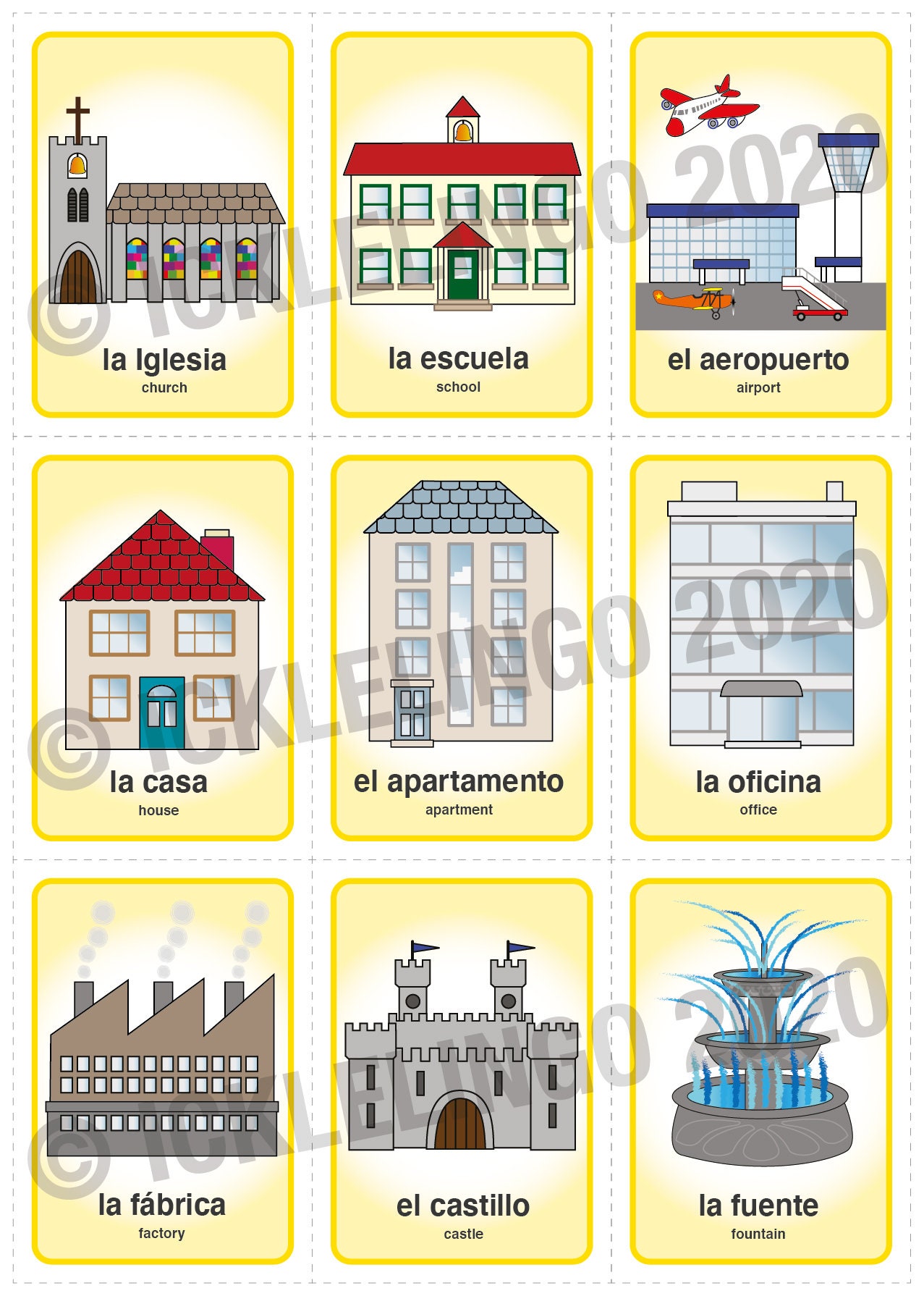 SPANISH Flash Cards, Around Town, Instant Download - Etsy