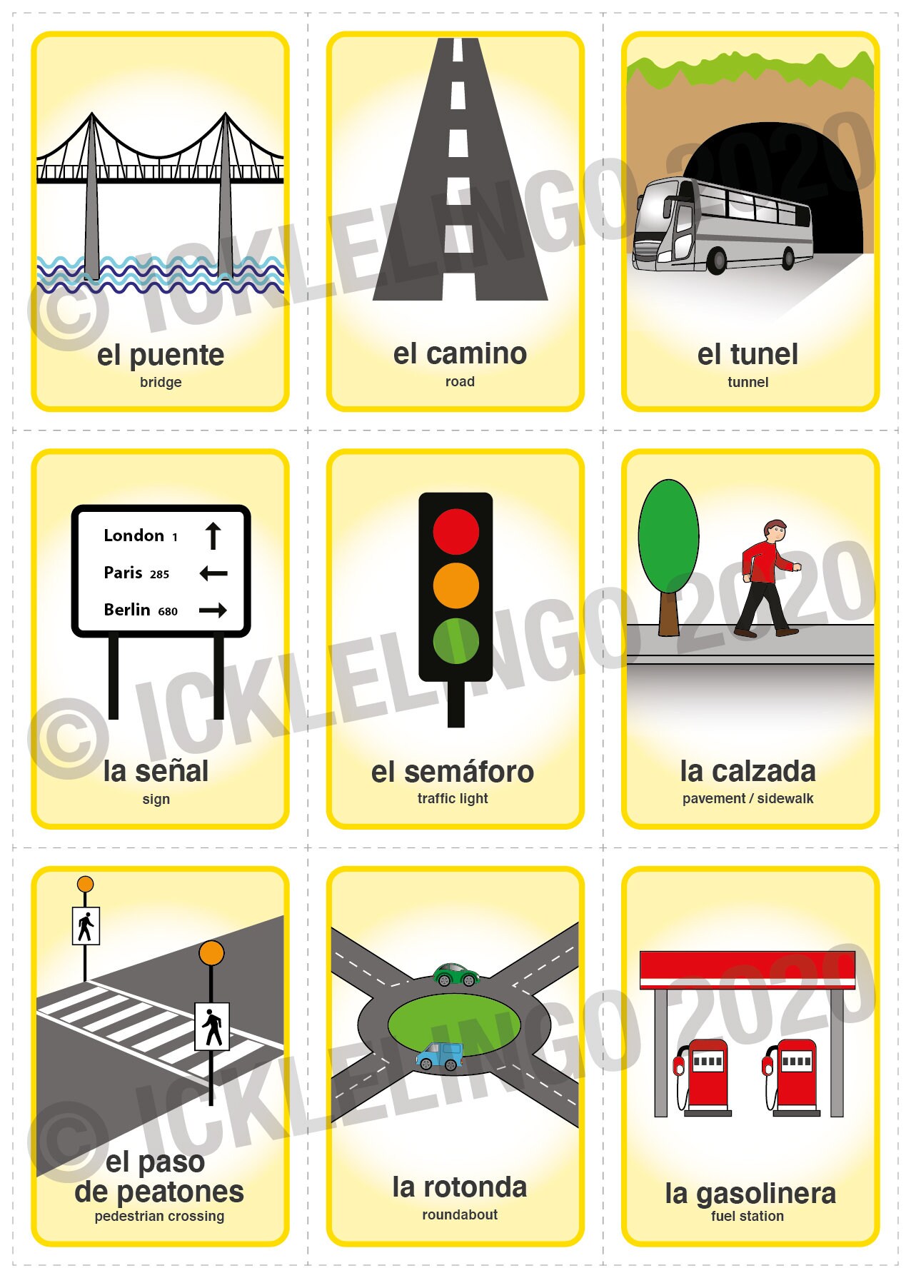 SPANISH Flash Cards, Around Town, Instant Download - Etsy