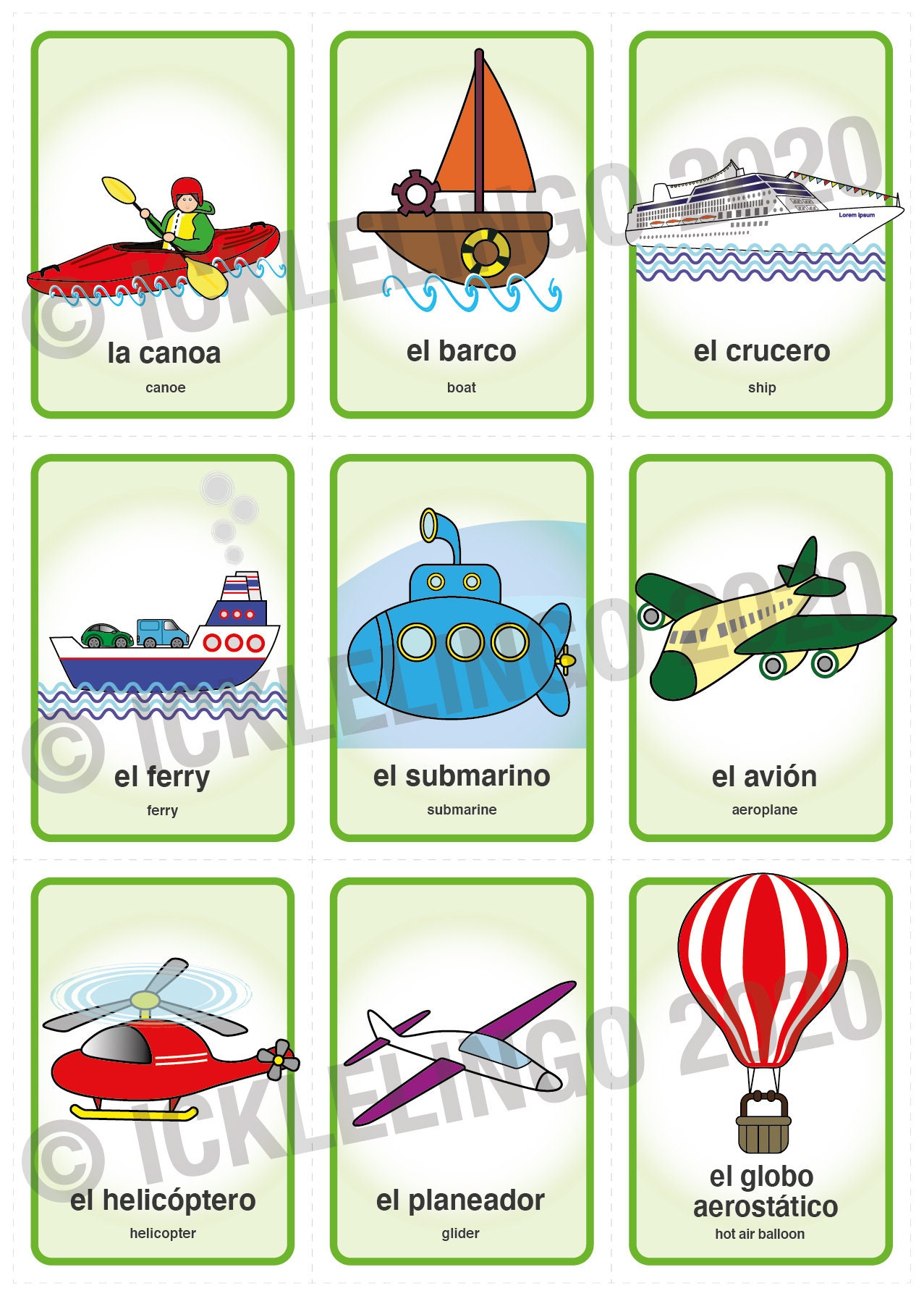SPANISH Flash Cards, Transport, Instant Download - Etsy
