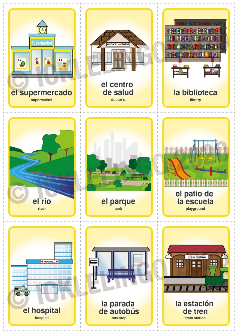 SPANISH Flash Cards, Around Town, Instant Download - Etsy