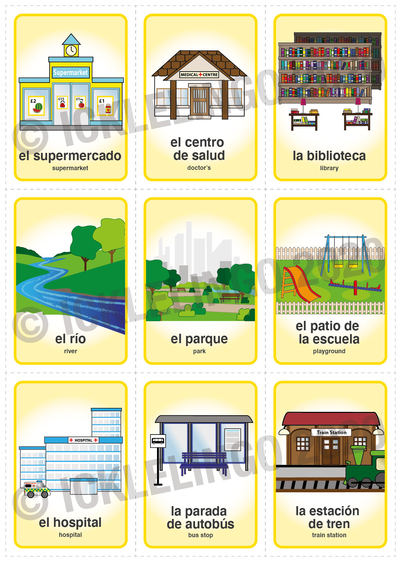 SPANISH Flash Cards, Around Town, Instant Download - Etsy