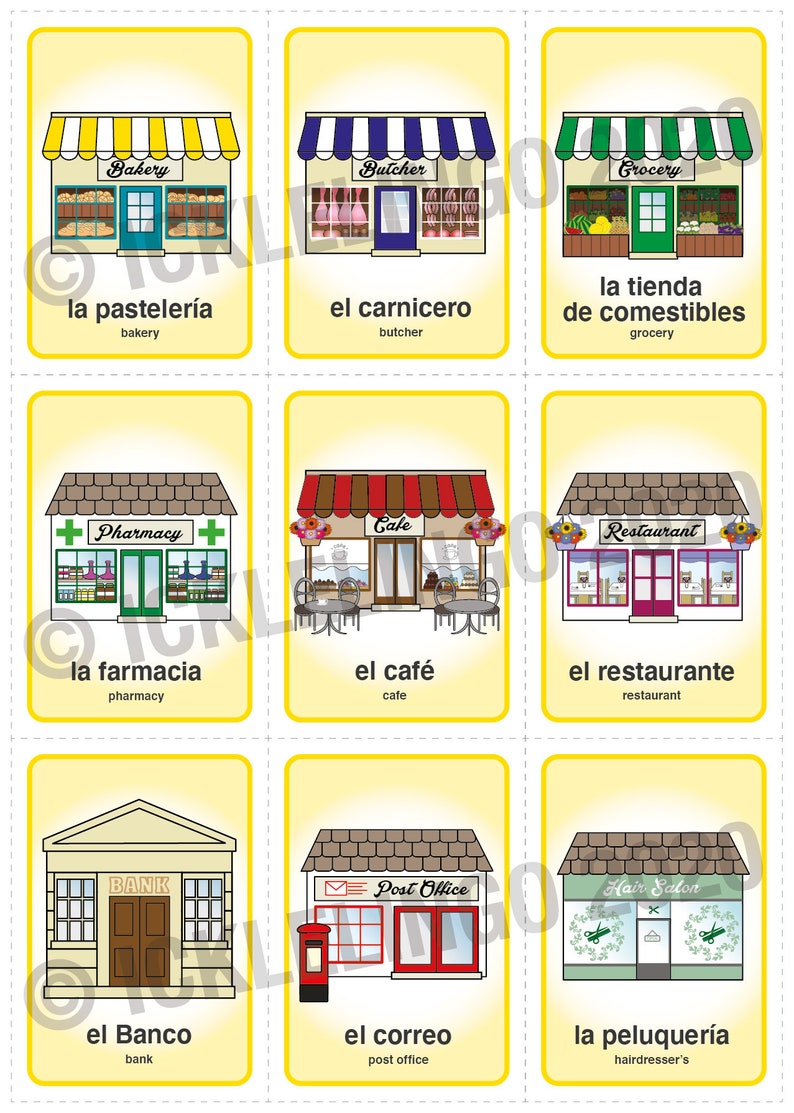 SPANISH Flash Cards, Around Town, Instant Download - Etsy