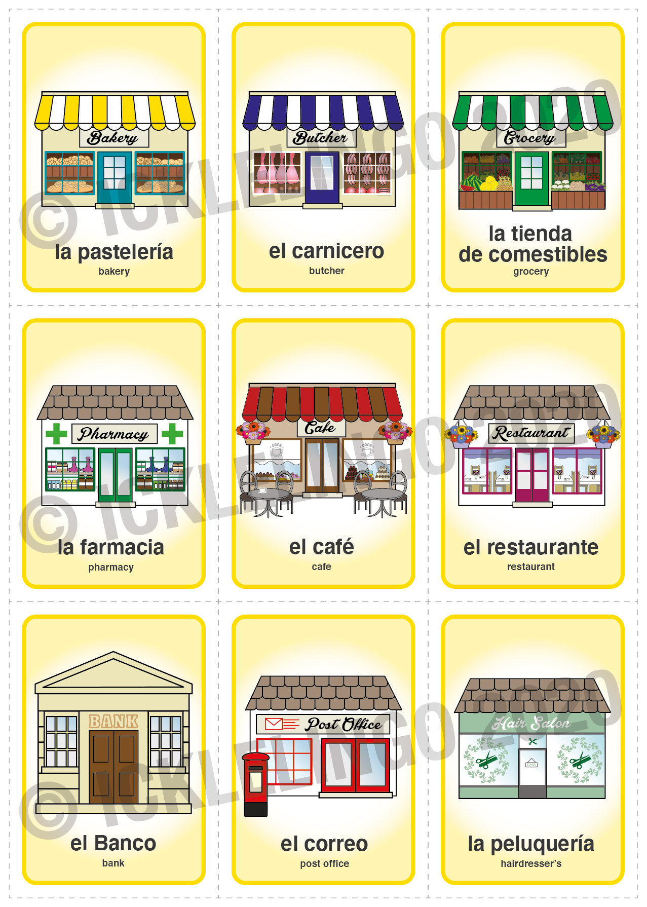 SPANISH Flash Cards, Around Town, Instant Download - Etsy