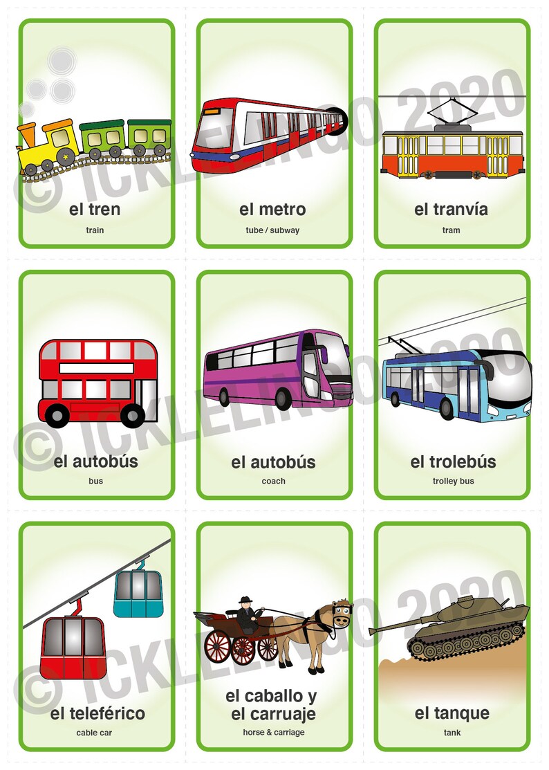 SPANISH Flash Cards, Transport, Instant Download - Etsy