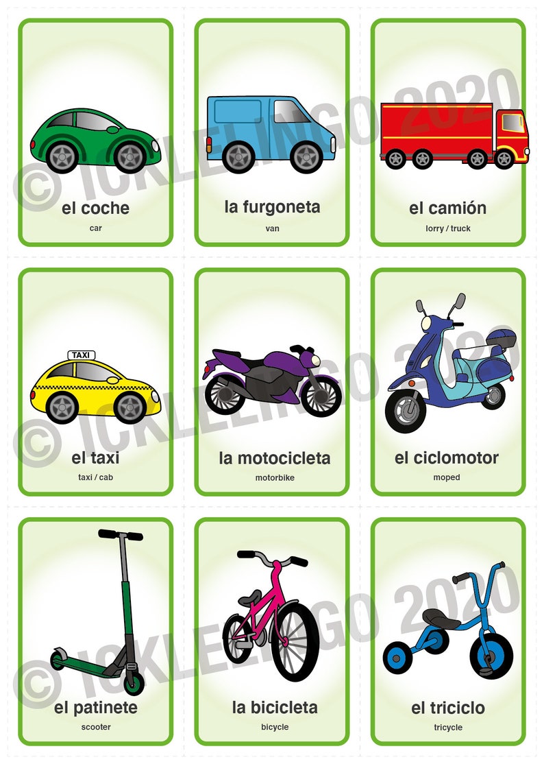 SPANISH Flash Cards, Transport, Instant Download - Etsy
