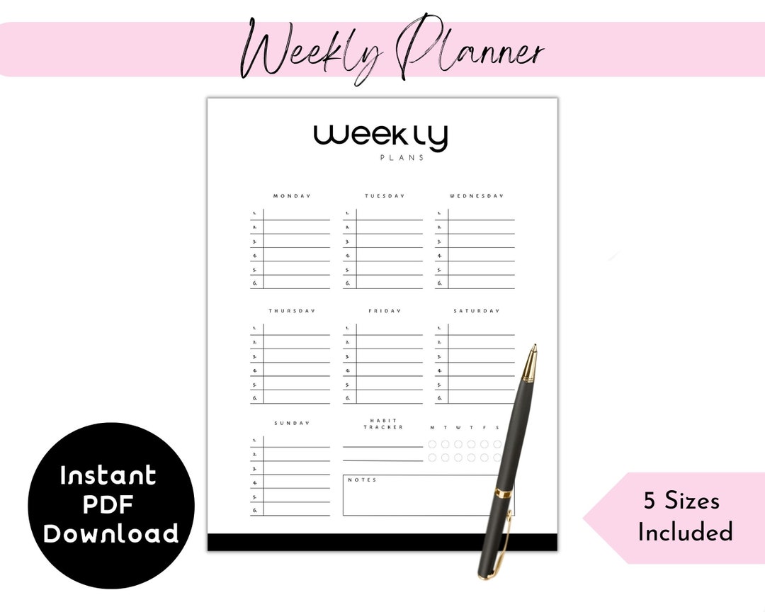 PRINTABLE Minimal Weekly Planner Instant PDF Download to Do Habits ...