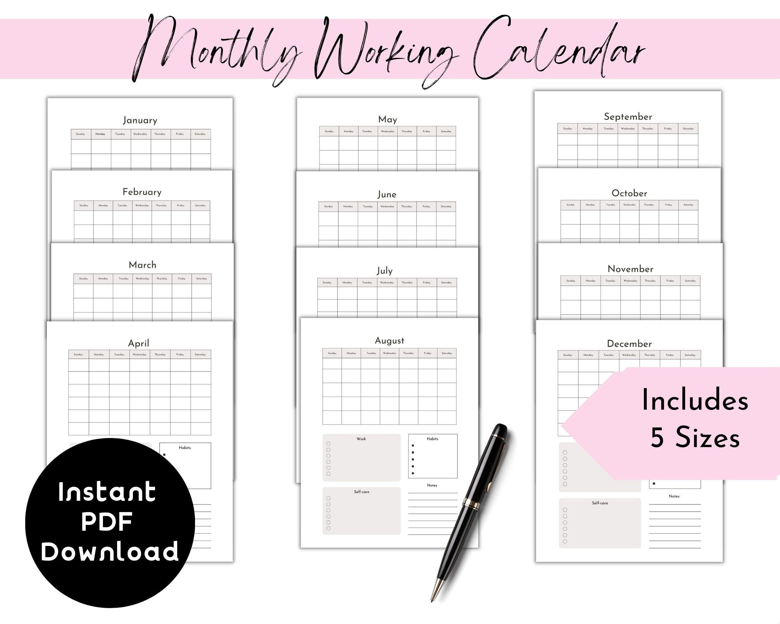 PRINTABLE Monthly Blank Working Calendar Notes Instant PDF Download Jan ...