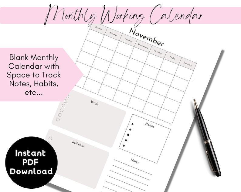 PRINTABLE Monthly Blank Working Calendar Notes Instant PDF Download Jan ...