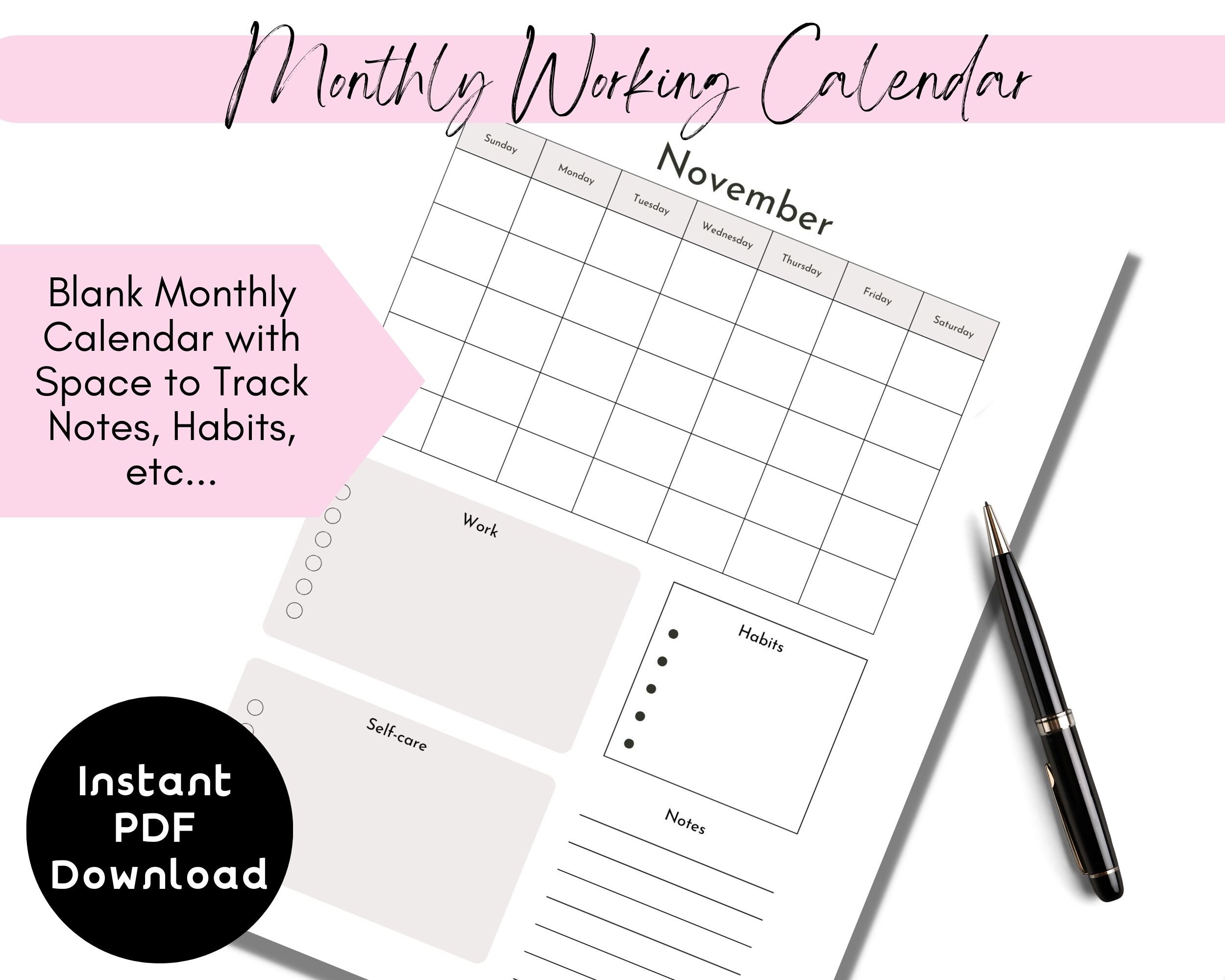 PRINTABLE Monthly Blank Working Calendar Notes Instant PDF Download Jan ...