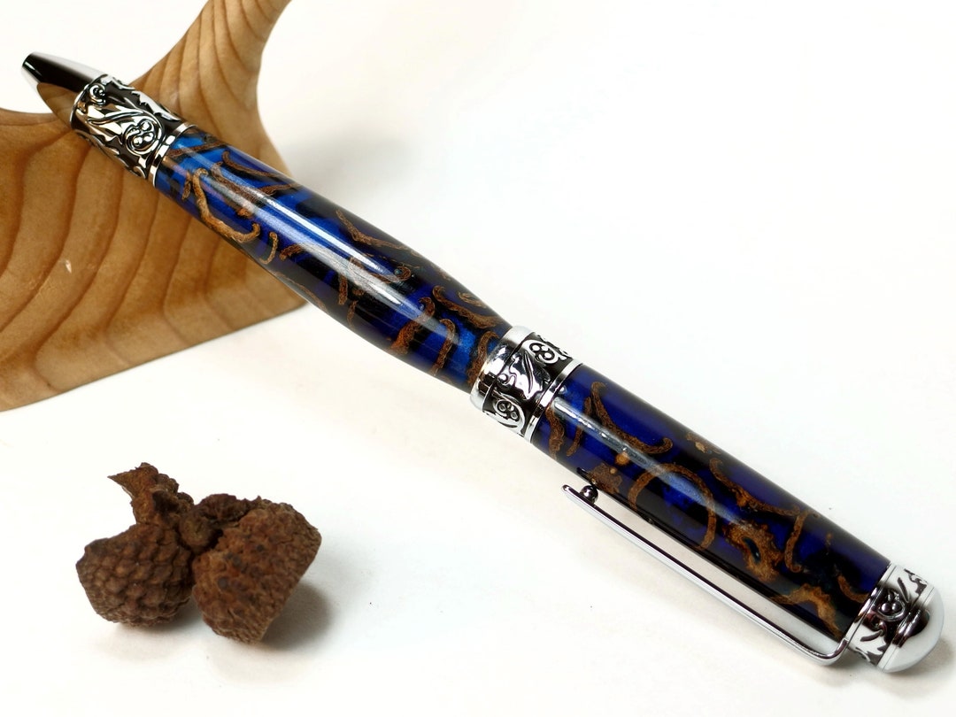 Blue Acorn Pen With Chrome Sculpted Arbor Setting - Etsy