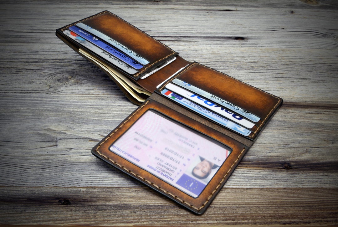 Double ID Window Pocket Full-grain Leather Wallet for Men, Personalized ...