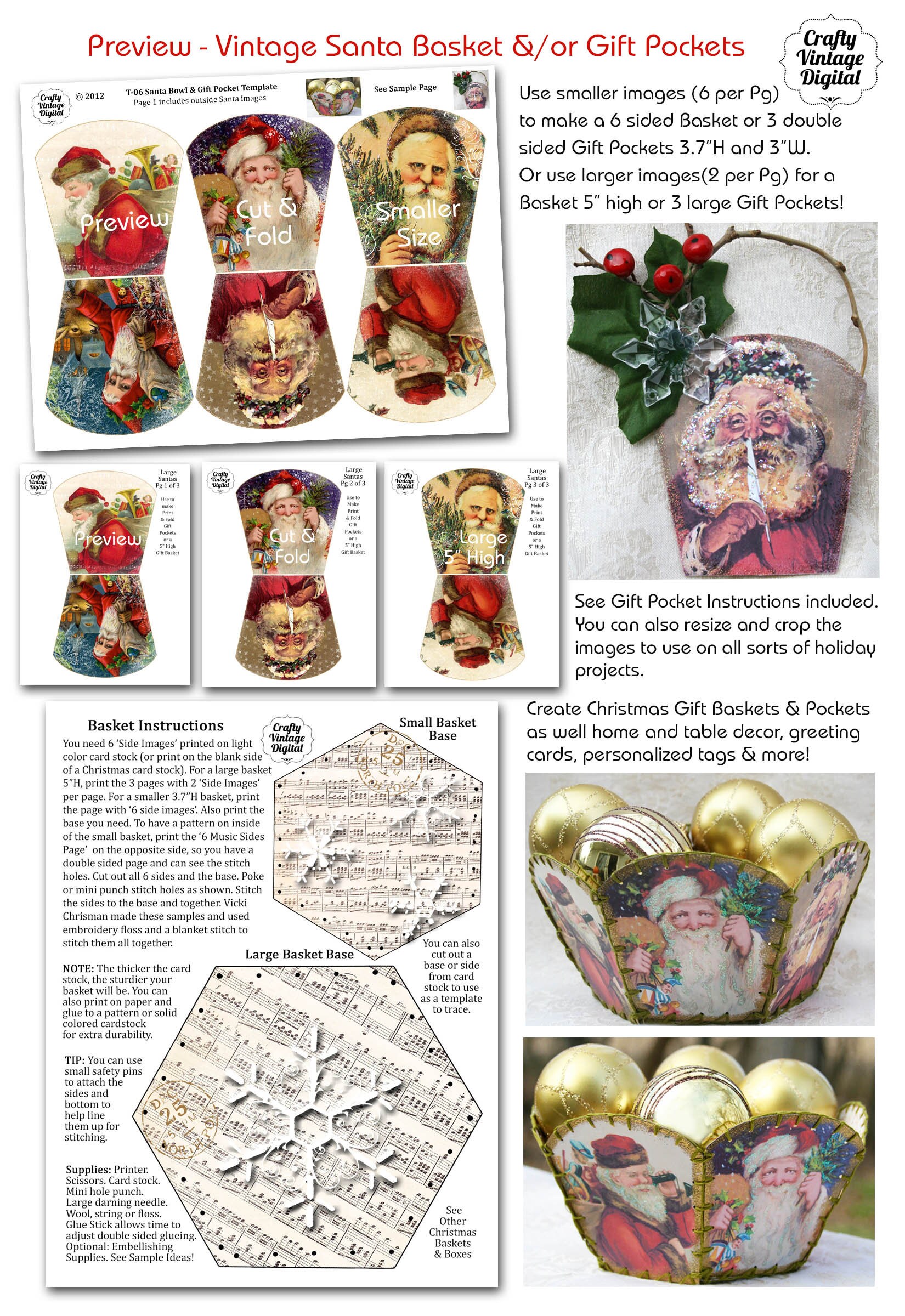 Vintage Christmas Santa Printable Gift Bag Pockets And/or Basket ...
