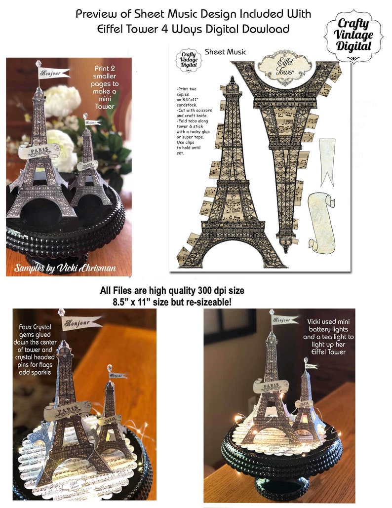 Eiffel Tower 4 Ways Digital Instant Download 4 Pattern 3D Templates ...