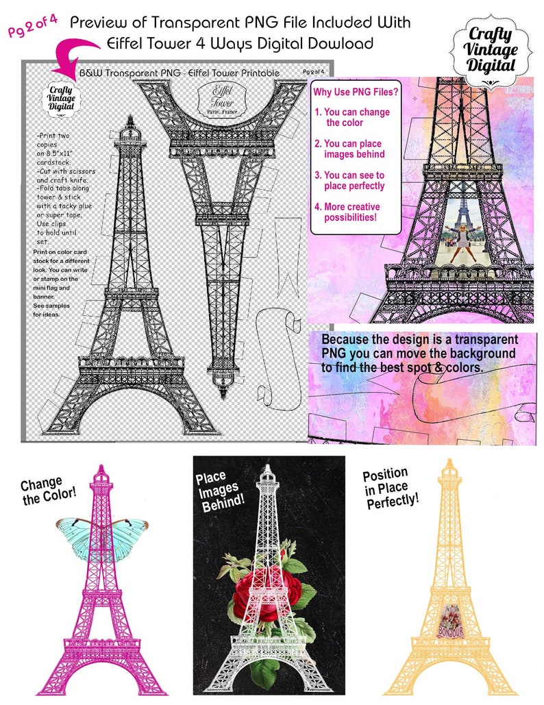 Eiffel Tower 4 Ways Digital Instant Download 4 Pattern 3D Templates ...