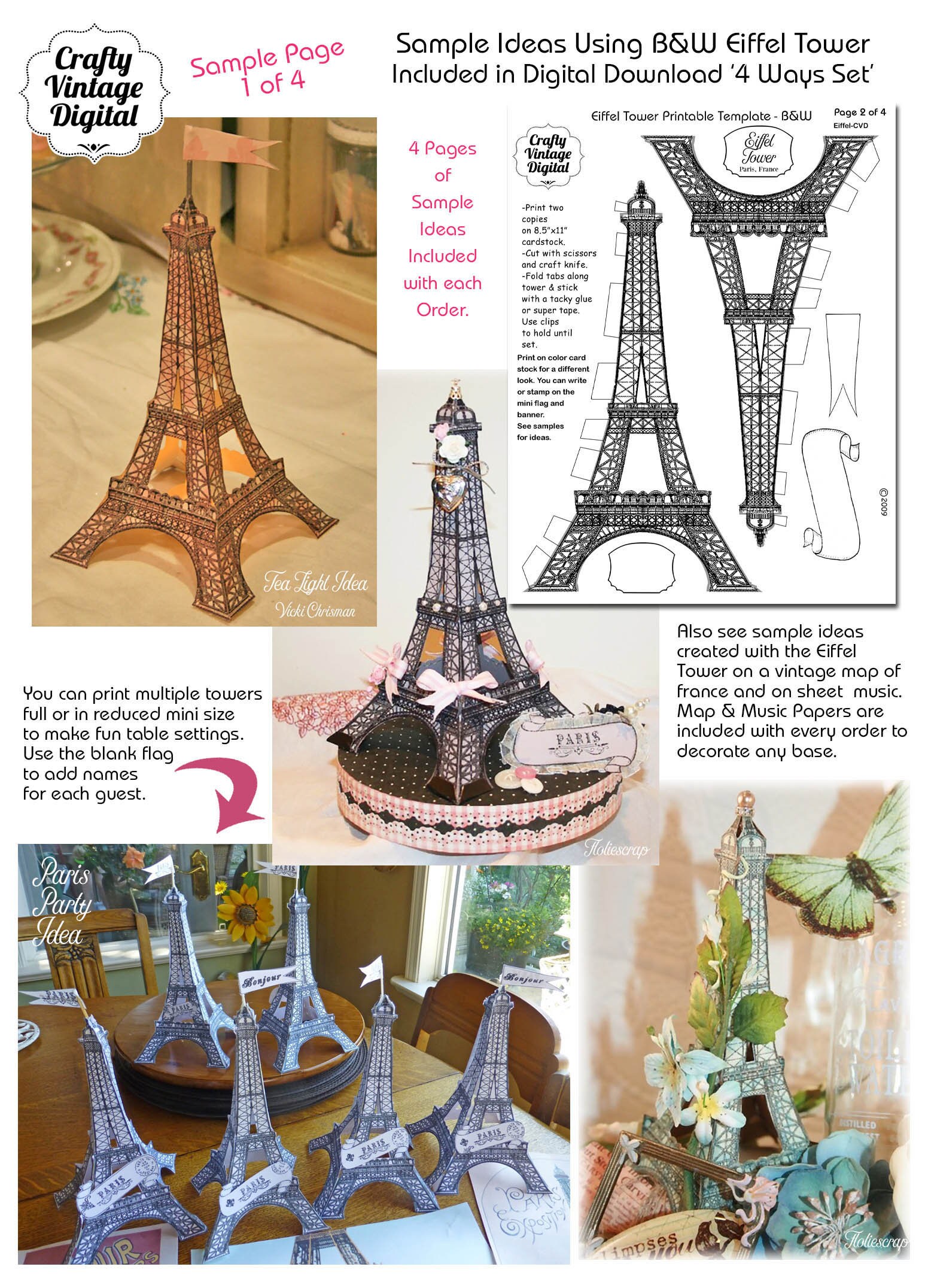 Eiffel Tower 4 Ways Digital Instant Download 4 Pattern 3D Templates ...