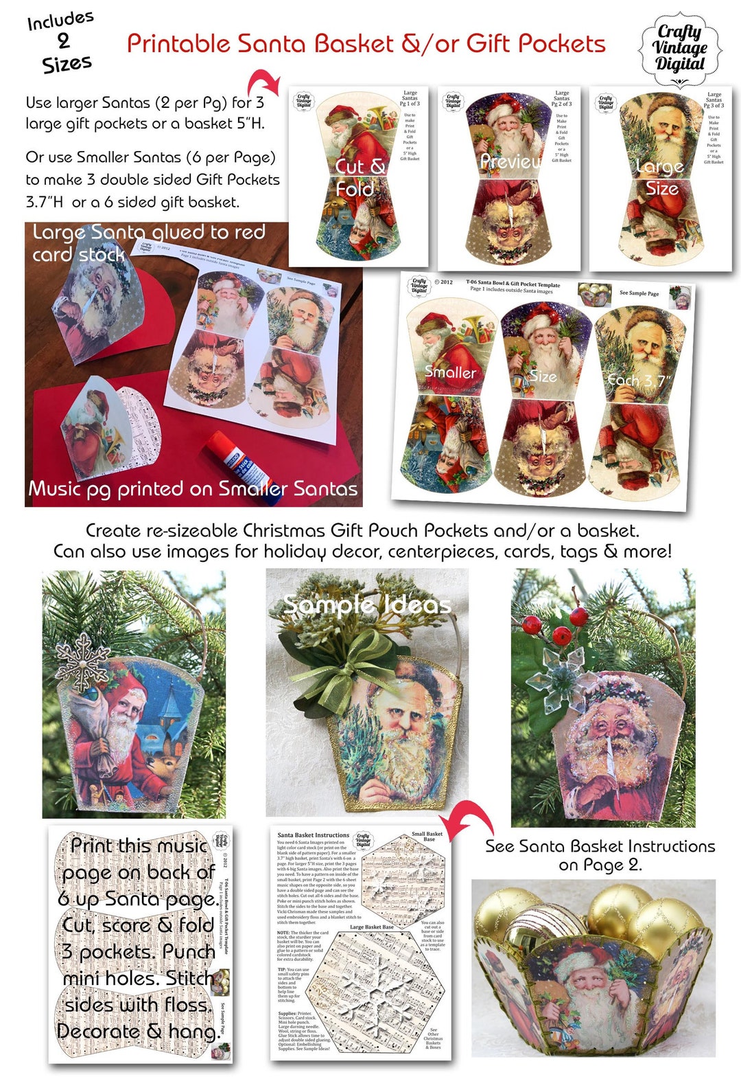 Vintage Christmas Santa Printable Gift Bag Pockets And/or Basket ...
