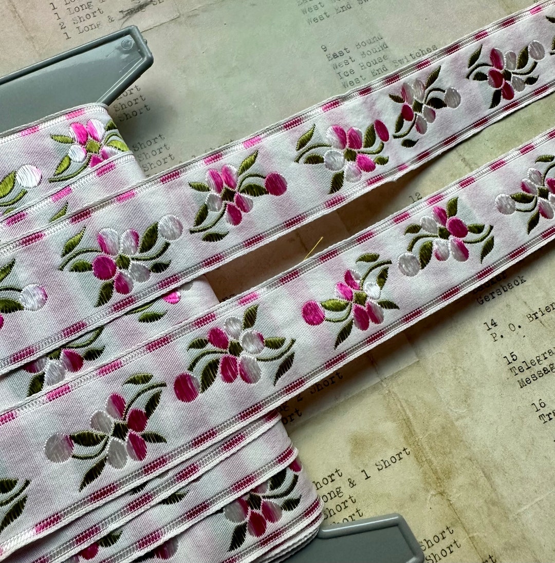 1 5/16” Vintage White Ombré Pink Green Floral Embroidered Woven Ribbon ...