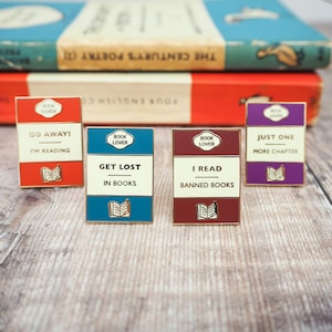 Book Lover Enamel Pin Badge Set - Set of Four Book Enamel Pins - Book ...
