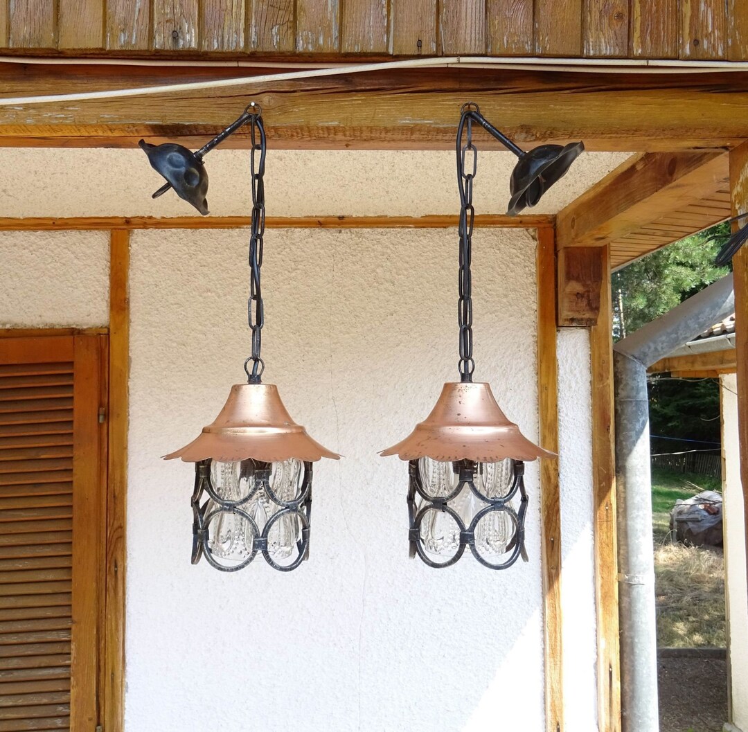 Vintage Set Lamps. Wrought Iron Lamps, Copper and Glass. Metal Dome ...