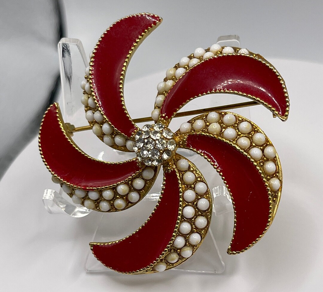 VINTAGE High End Pin Wheel Brooch Red White Clear Rhinestones - Etsy