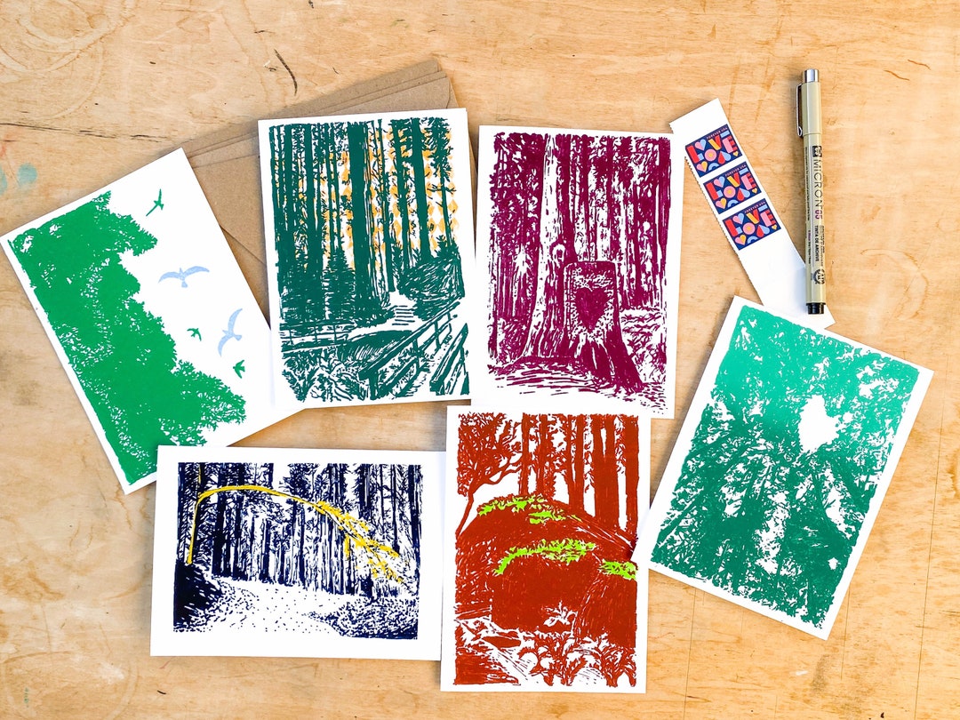 Redwood Tree Note Card Set With Assorted Forest Scenes, Hand Screen ...