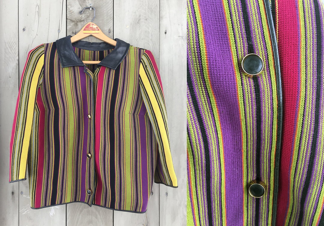 Vintage Sweater Italian Wool Cardigan, Striped Cardigan, Leather Trim ...
