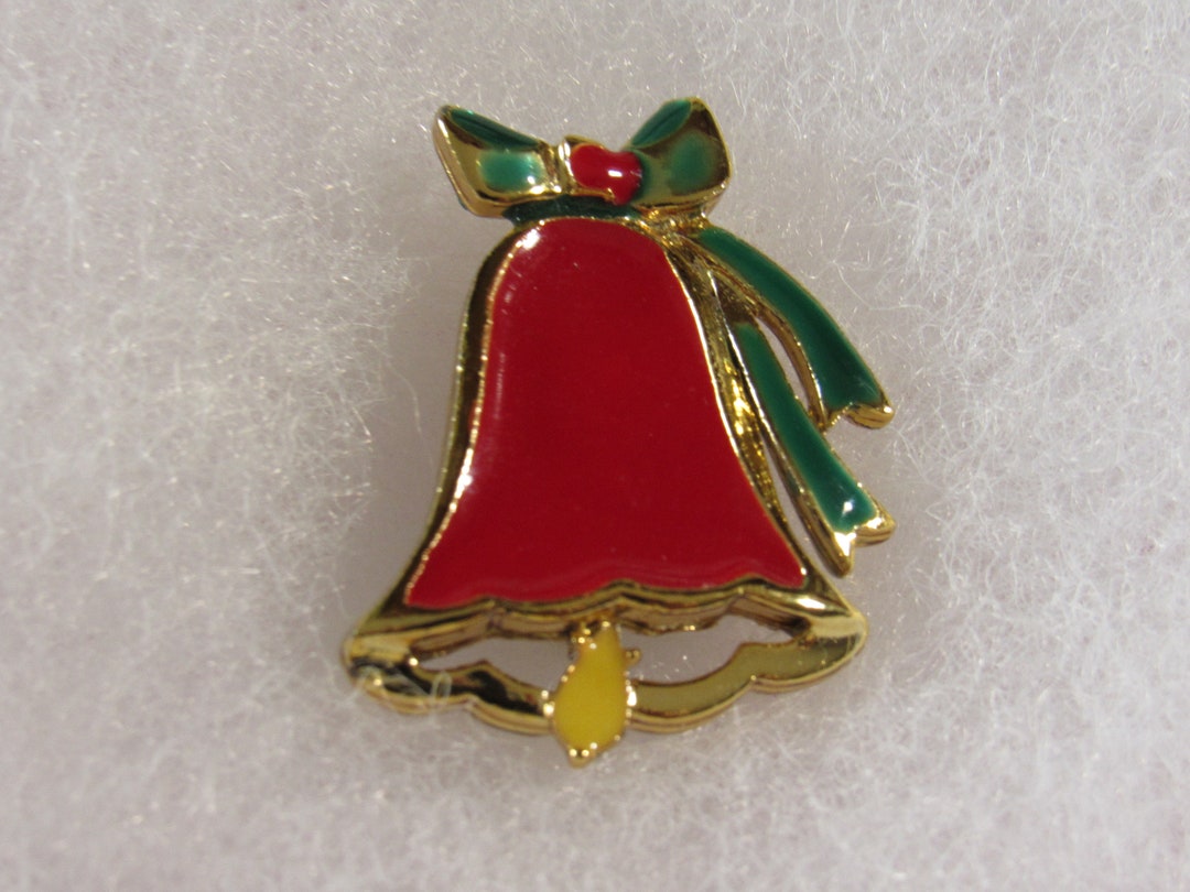 Vintage Jewelry, Red Bell Pin, Red Enamel, Goldtone, Bell Pin, Holly ...