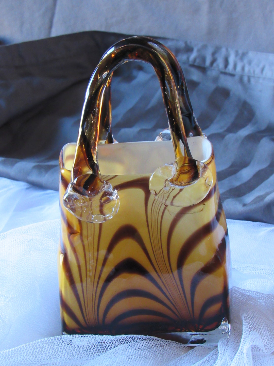 Vintage Glass Purse, Art Glass, Handblown Glass, Zebra Striped, White ...