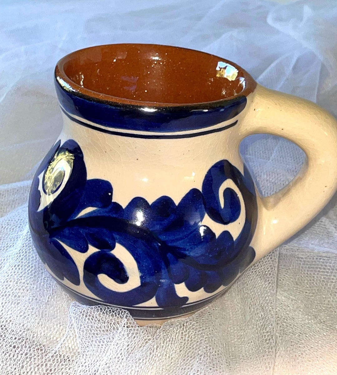 Vintage Redware Mug, Blue/ Cream Floral Design, Studio Pottery, 4” Tall ...