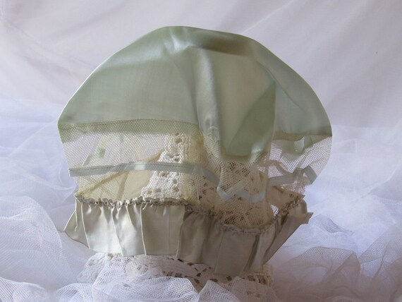 Vintage Night Cap, Tulle and Blue Satin, Ladies Boudo… - Gem