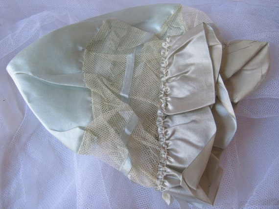 Vintage Night Cap, Tulle and Blue Satin, Ladies Boudo… - Gem