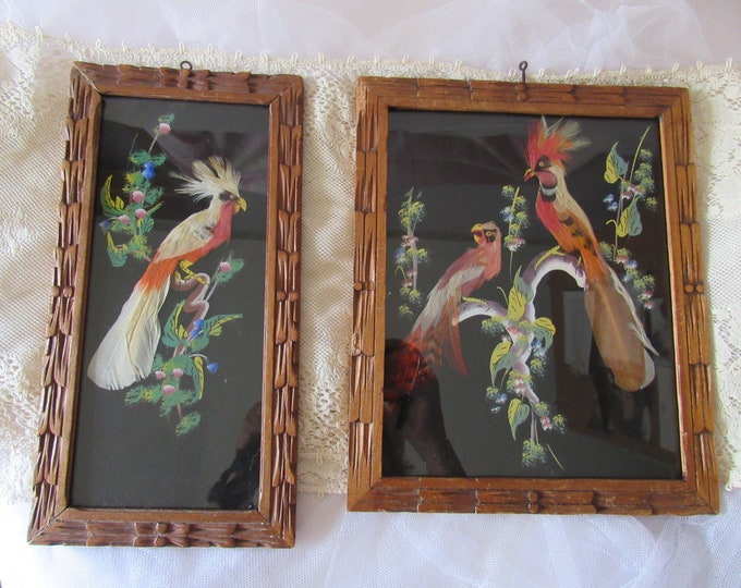 Vintage Birds, Pair of Pictures, Mexican Feathercraft, Bird Feather ...