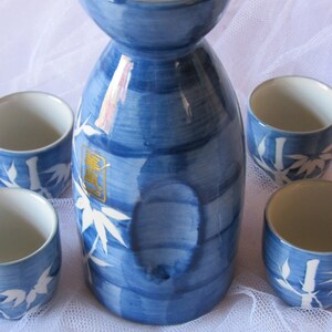 Vintage Sake Set, 5 Piece Set, NIB, Blue Bamboo, Decanter & 4 Cups ...