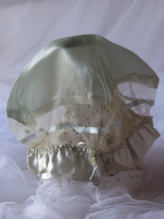 Vintage Night Cap, Tulle and Blue Satin, Ladies Boudo… - Gem