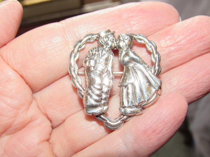 Vintage Heart Pin, Sterling Silver Pin, Dutch Couple, Kissing Couple ...