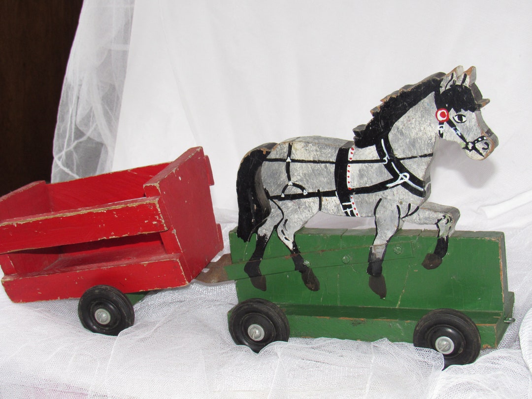 Vintage Toy, Handmade, Toy Pony and Cart, Folk Art, Hand Painted Toy ...