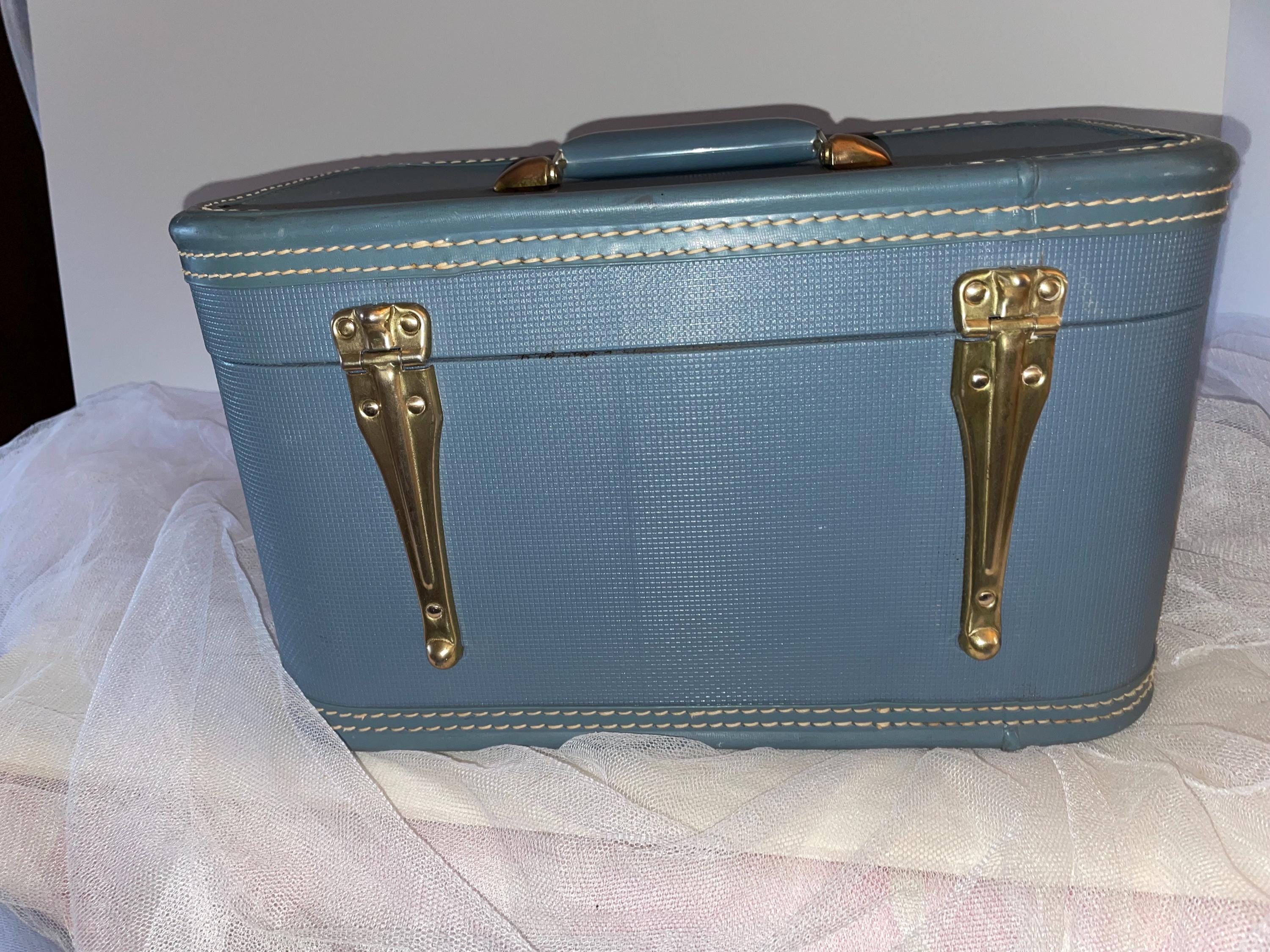 Vintage Blue Vinyl Train Case, Brass Hardware, Carry on Luggage - Etsy