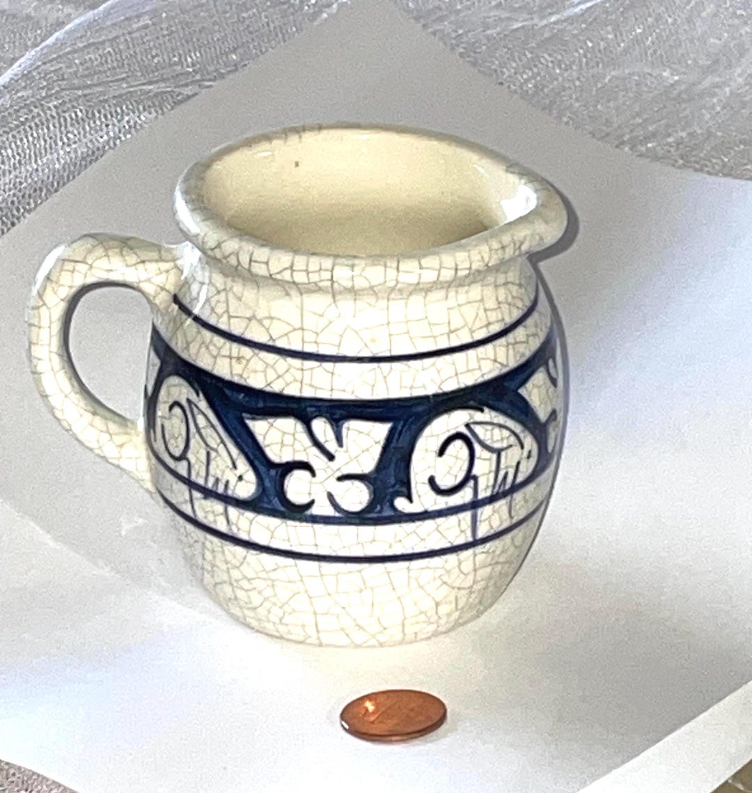 Dedham Rabbit Pottery, Small Pitcher, 3 & 1/4” Tall, Blue and White ...
