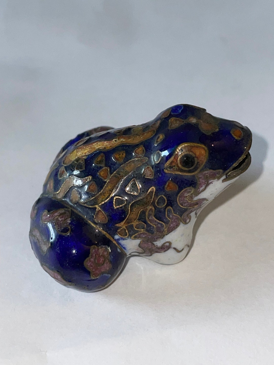 Vintage Miniature, Cloisonne Frog, Blue, Gold +white Enamel & Florals ...