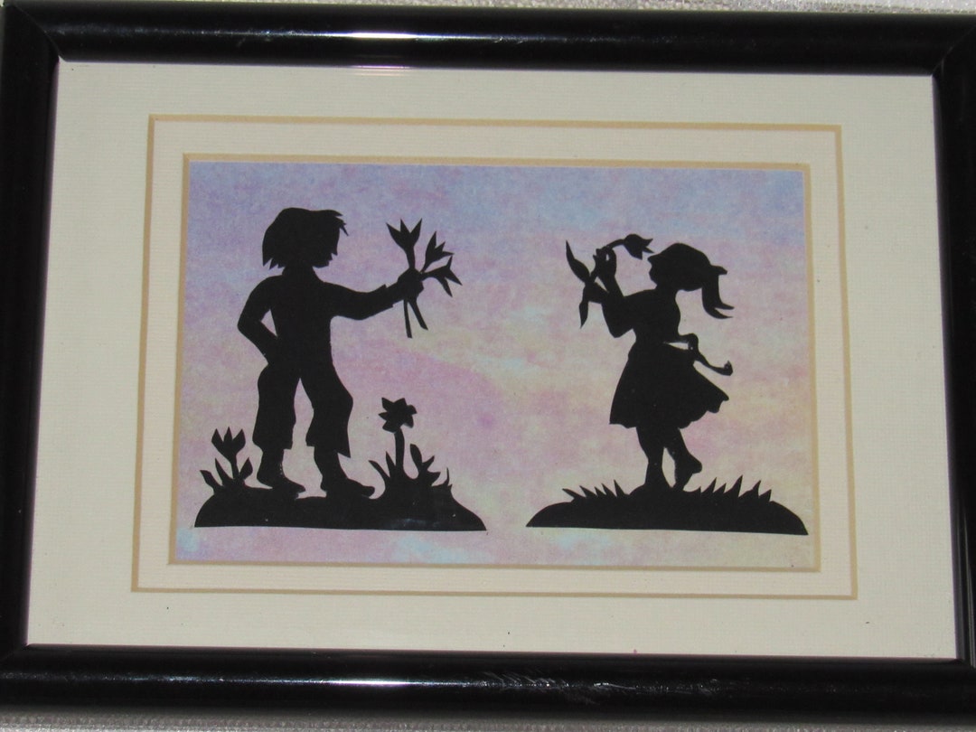 Vintage Scherenschnitte Silhouette Picture, Boy Giving Flowers to Girl ...