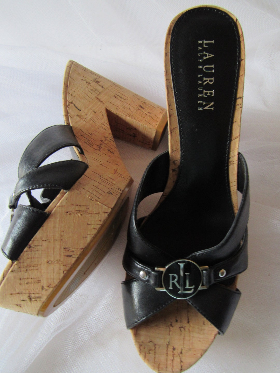 Vintage, Lauren, Ralph Lauren, Black, Open Toe, Platform, RLL Monogram ...
