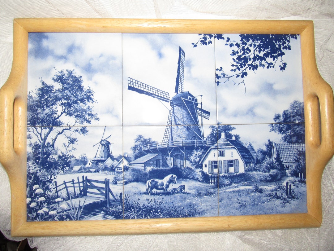 Vintage Tray, Delft Tile, Dutch Windmill Scene, Six 6 by 6 Tiles, Wood ...