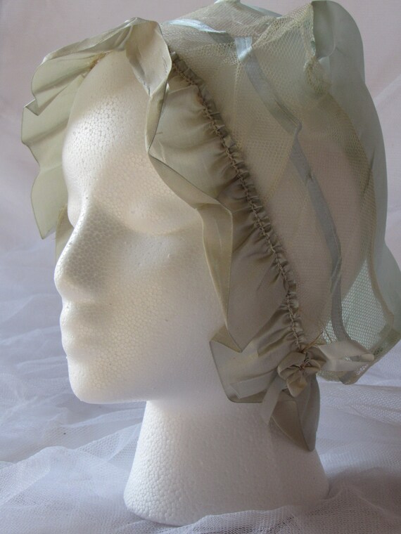 Vintage Night Cap, Tulle and Blue Satin, Ladies Boudo… - Gem