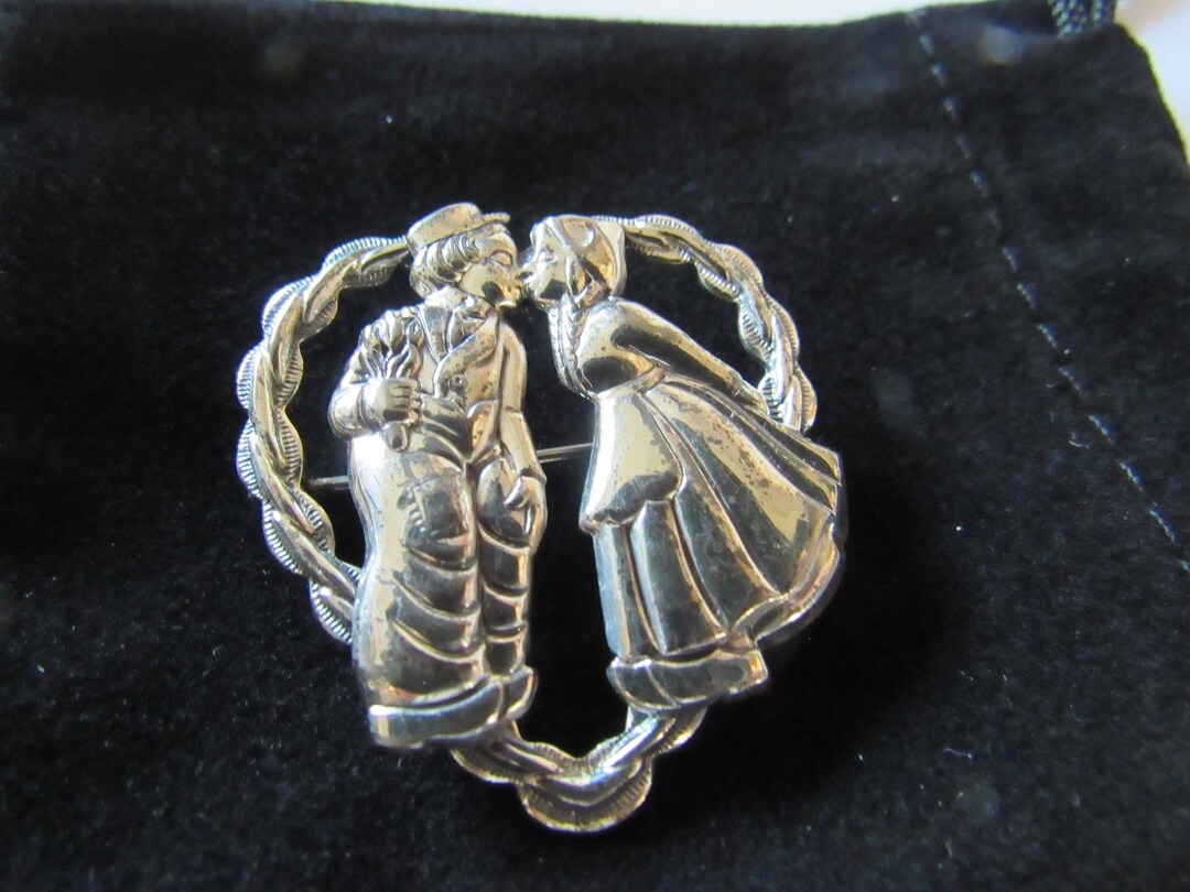 Vintage Heart Pin, Sterling Silver Pin, Dutch Couple, Kissing Couple ...