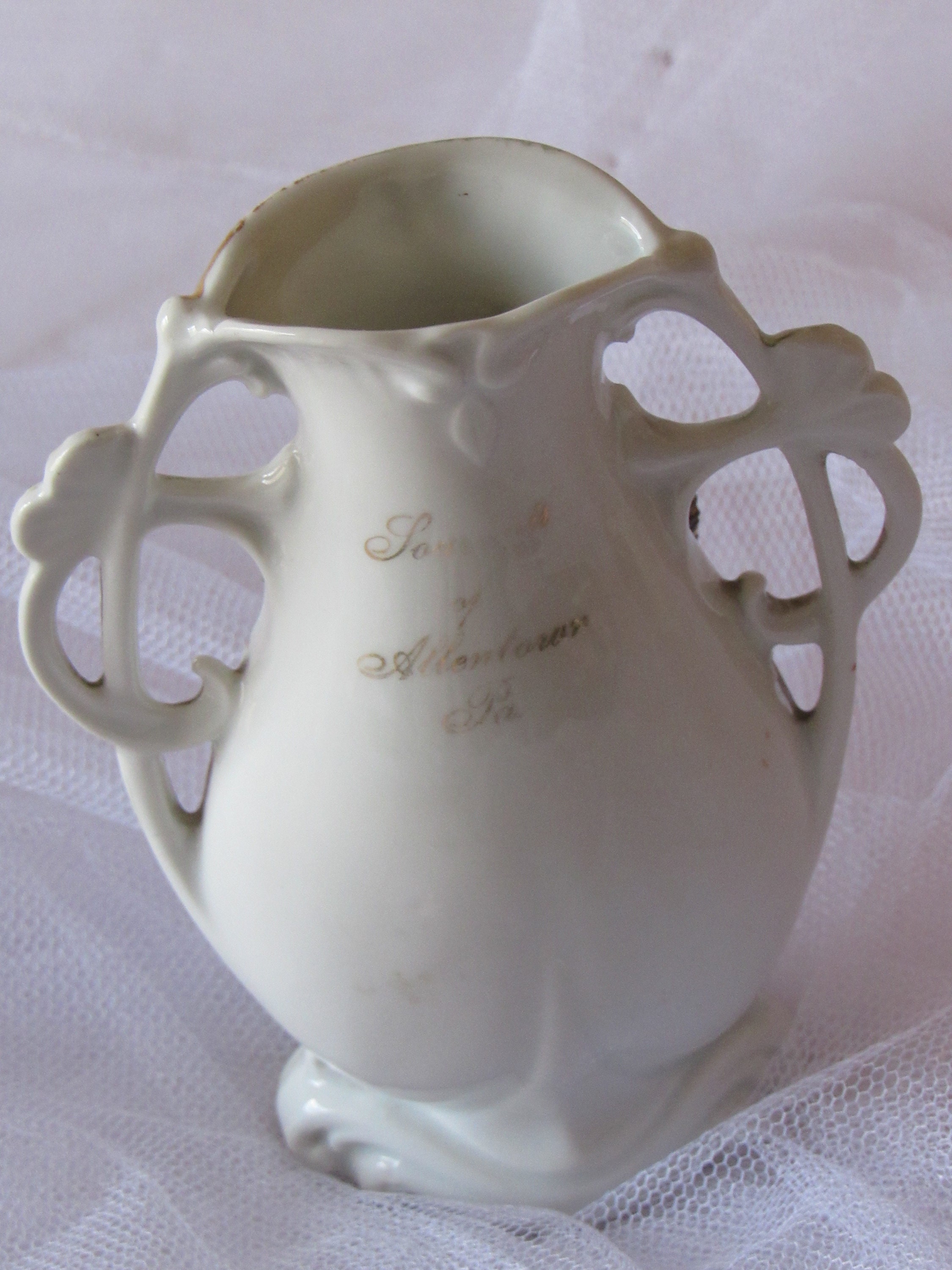 Vintage Bud Vase, White Urn Style, Blue Leaves, Pink Flowers, Gold ...