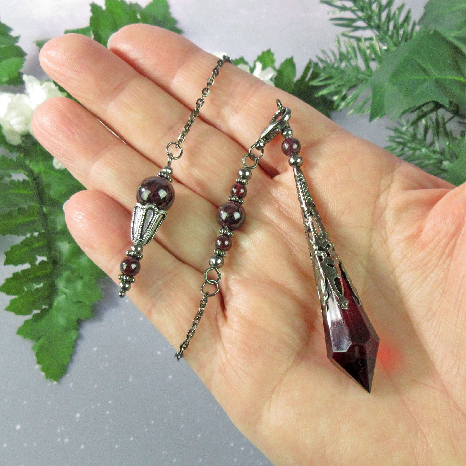 Icicle Prism Pendulum, Deep Red Garnet Beads, Ruby Red Icicle Prism, Black Silver, Divination ...