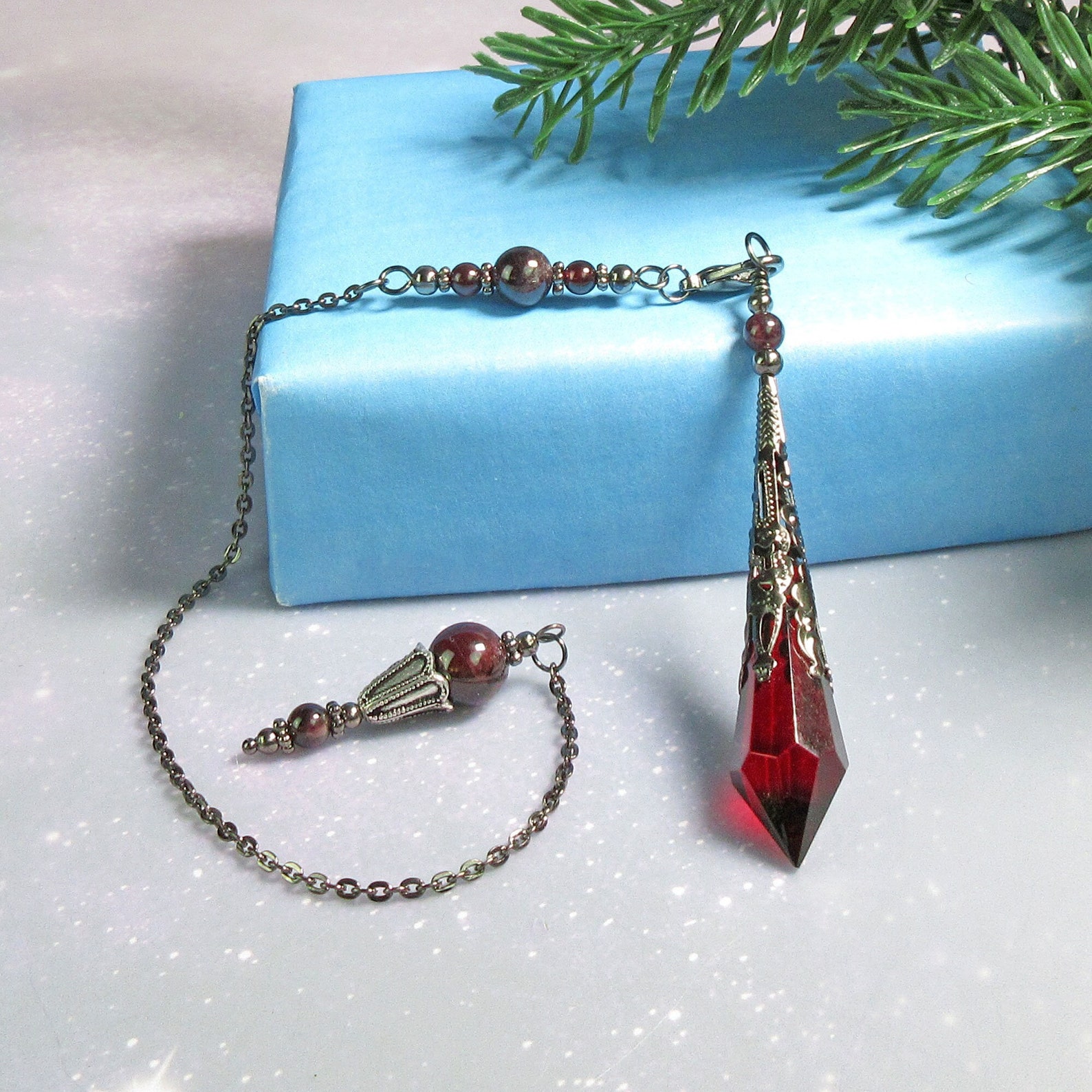 Icicle Prism Pendulum, Deep Red Garnet Beads, Ruby Red Icicle Prism, Black Silver, Divination ...