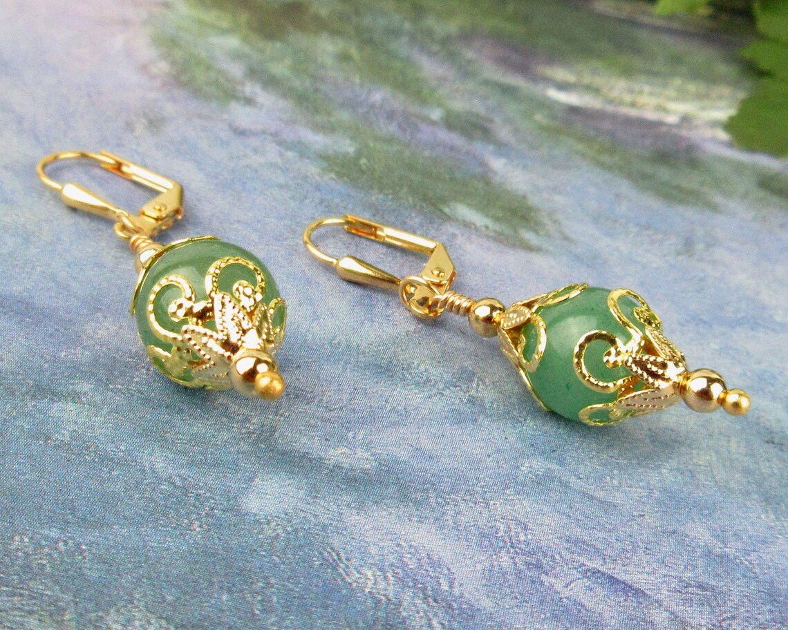 Green Aventurine Gemstone Earrings, Jade Green, Gold Beads, Victorian ...